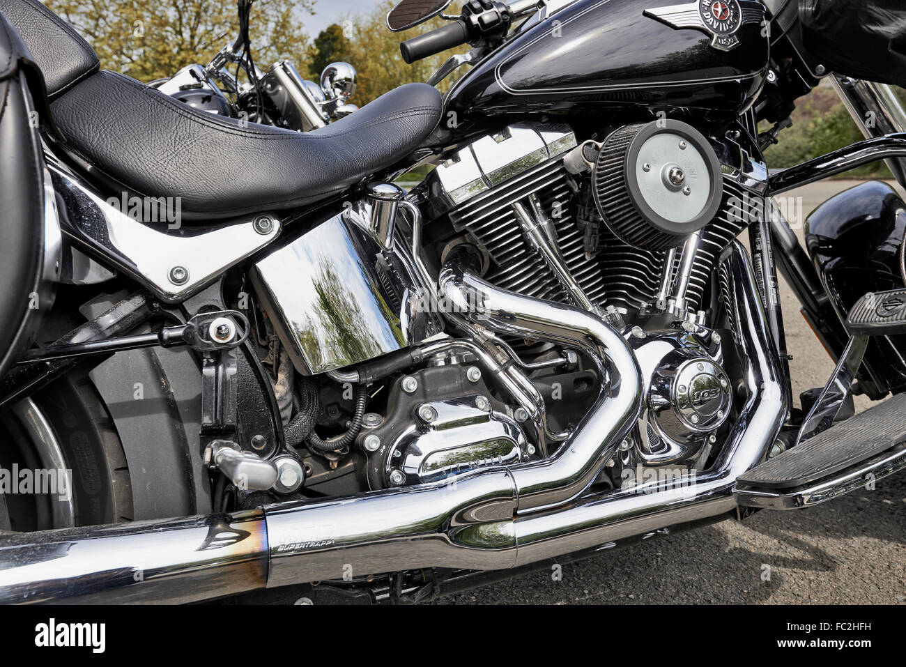 Custom Harley Davidson motorcycle engine with Harley logos Stock Photo ...