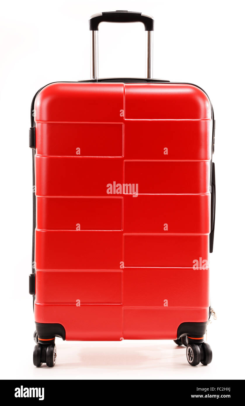 Large red travel suitcase isolated on white background Stock Photo - Alamy