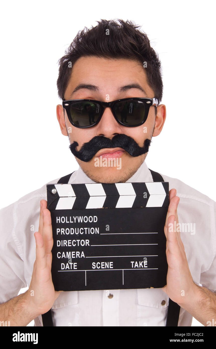 Whiskered young man with clapperboard isolated on white Stock Photo - Alamy