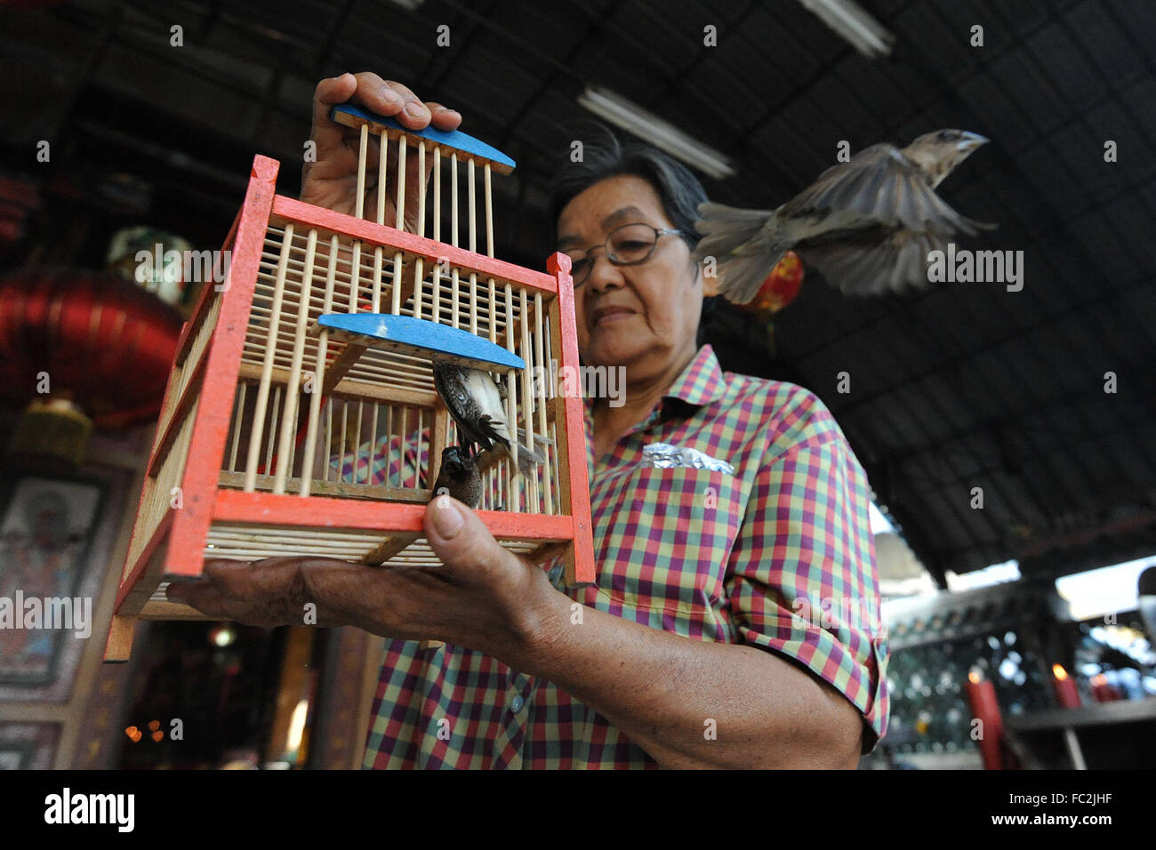 Bangkok, Thailand. 20th Jan, 2016. A woman frees birds at a temple in ...