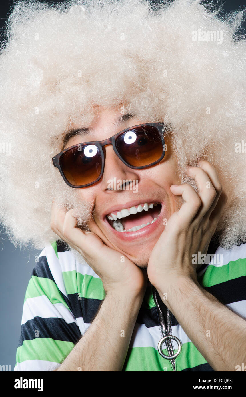 Funny man with afro hairstyle isolated on white Stock Photo - Alamy