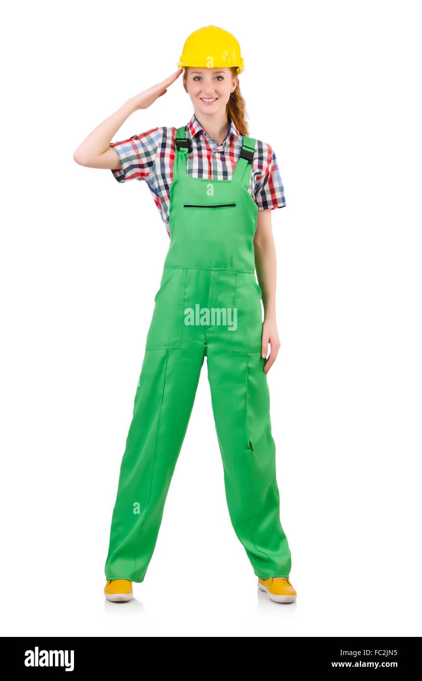 Female handyman in overalls isolated on white Stock Photo - Alamy