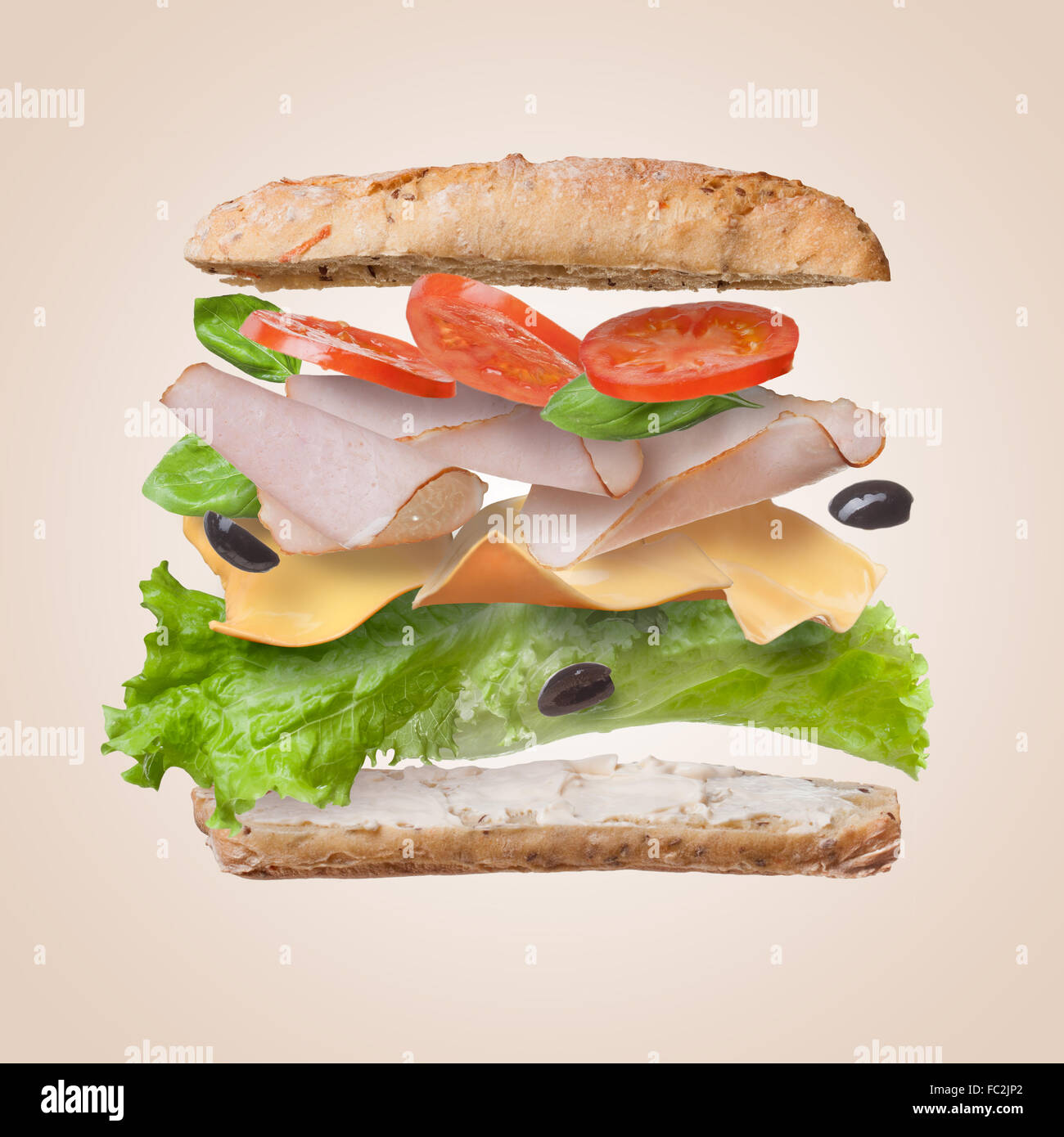 Sandwich with falling ingredients in the air Stock Photo - Alamy