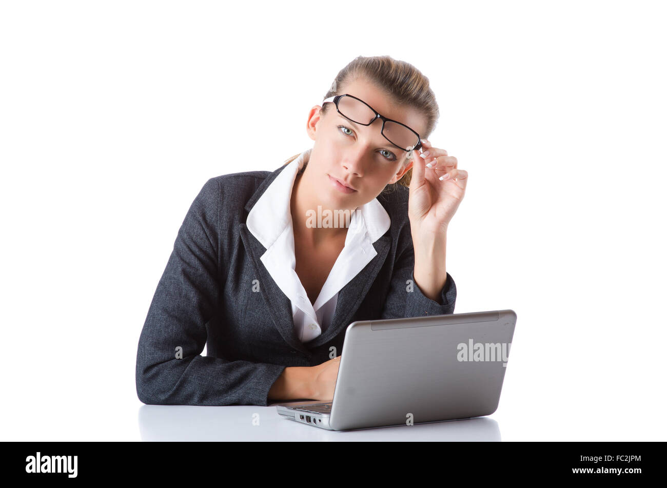 Office manager typing on the laptop isolated on white Stock Photo - Alamy