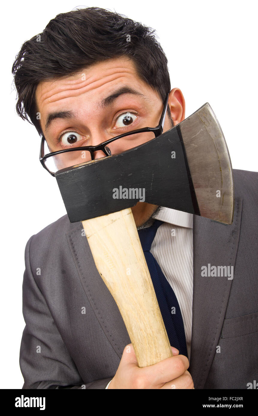 Young businessman holding a tool isolated on white Stock Photo - Alamy