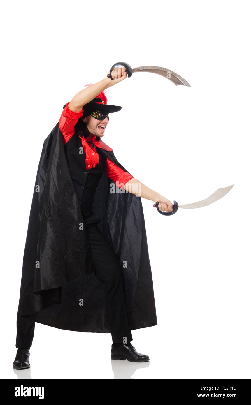 Young man in carnival coat with sword isolated on hi-res stock ...