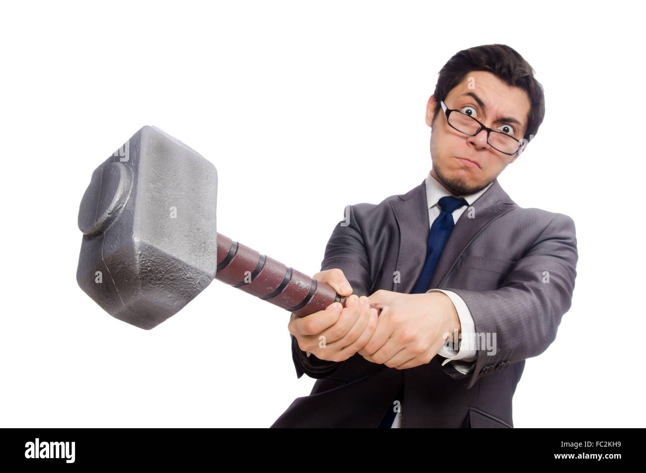 Business man holding hammer isolated on white Stock Photo - Alamy