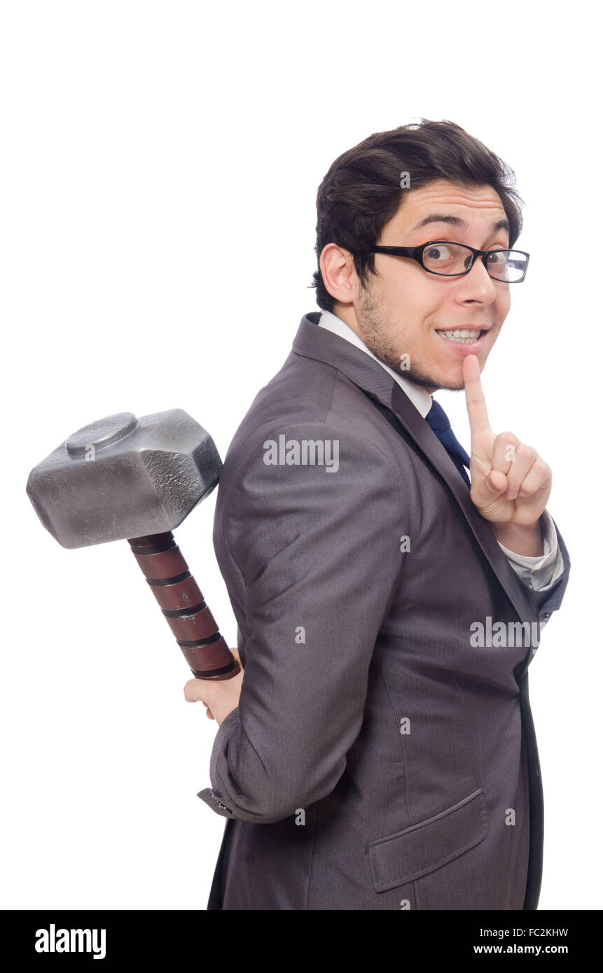 Business man holding hammer isolated on white Stock Photo - Alamy