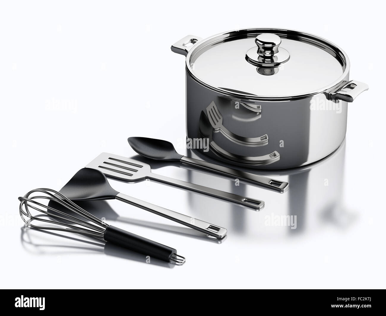3d Kitchen utensils and metallic pan Stock Photo - Alamy
