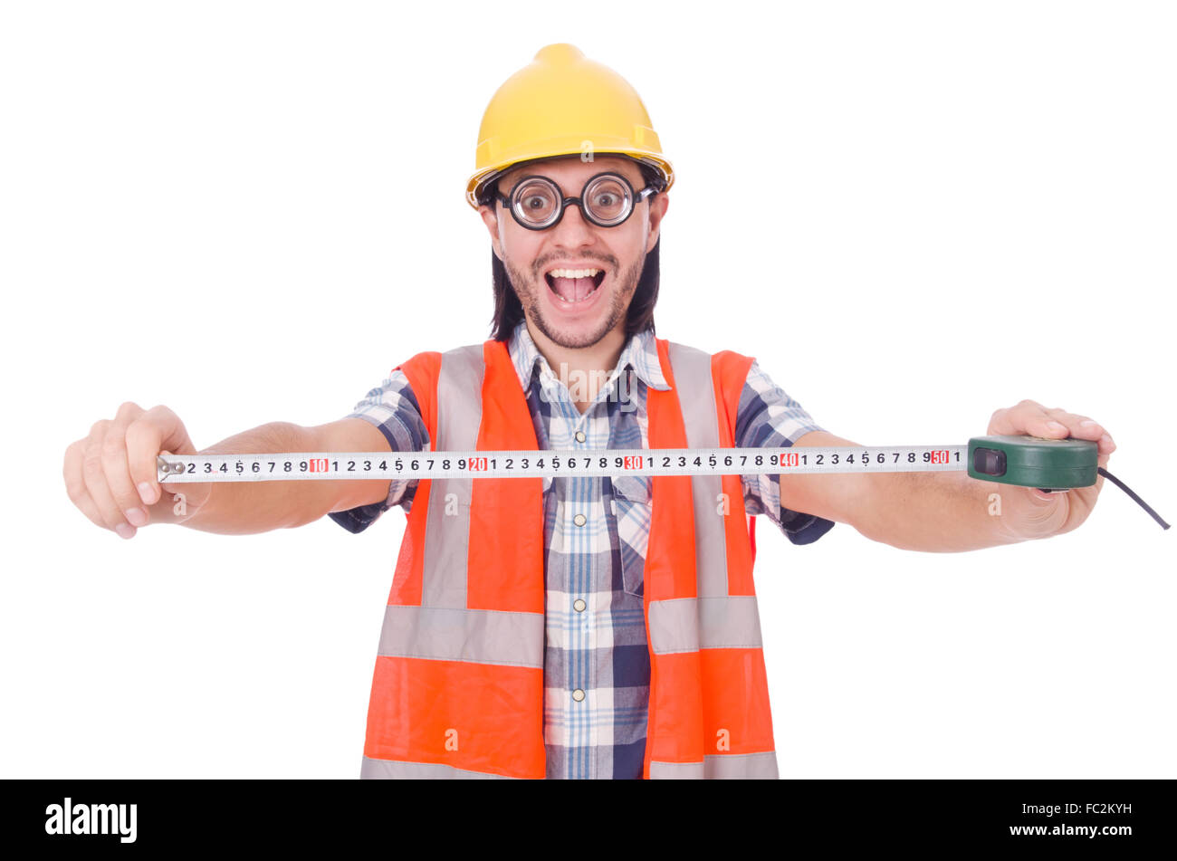 Funny construction worker with tape-line isolated on white Stock Photo ...