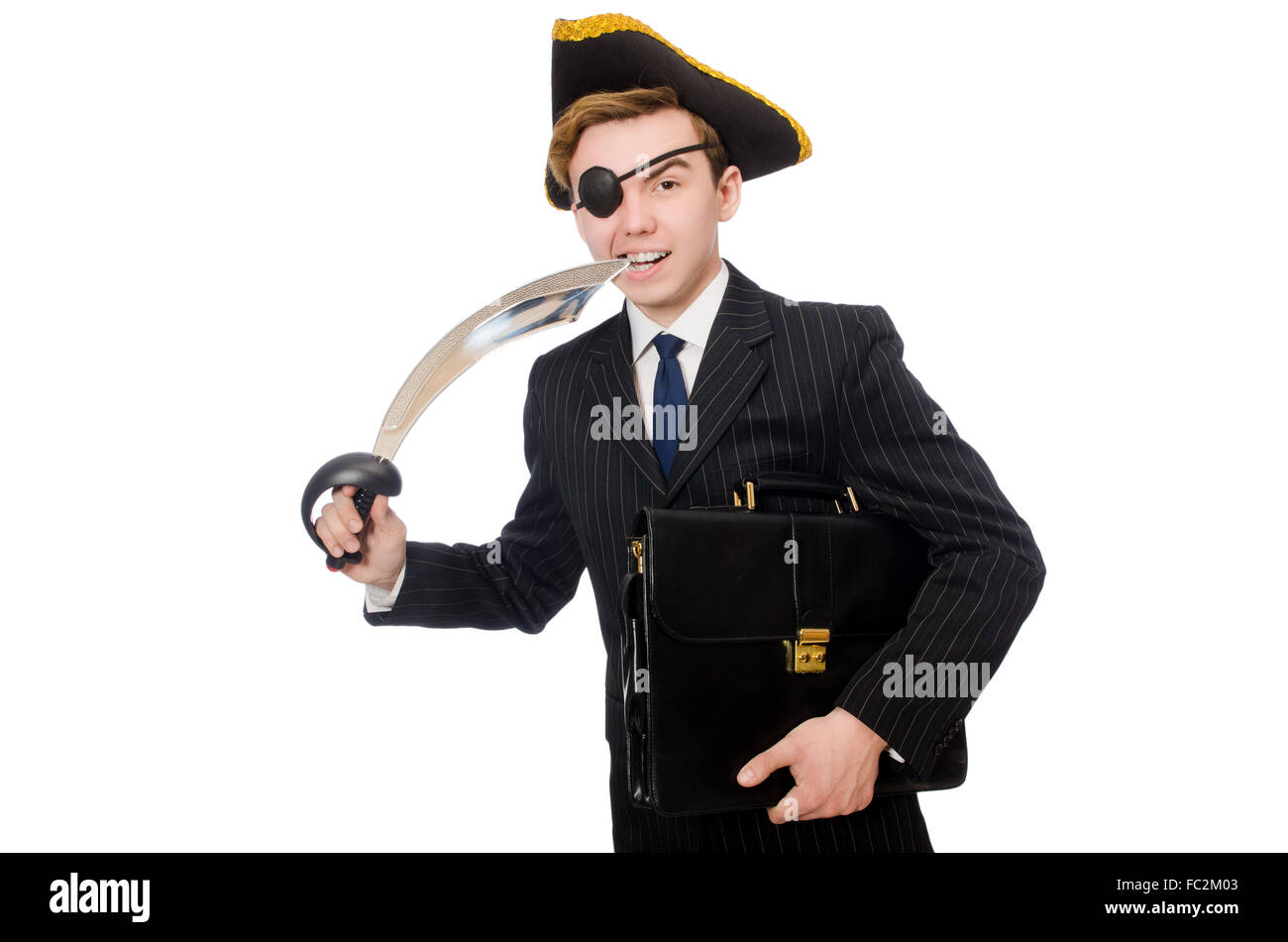 Young man in costume with pirate hat isolated on white Stock Photo - Alamy