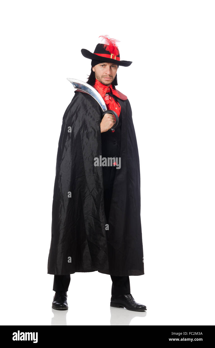 Young man in carnival coat with sword isolated on white Stock Photo - Alamy