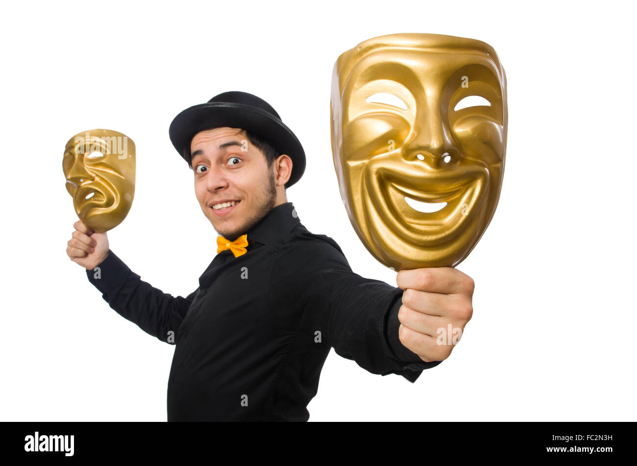 Young man with golden Venetian mask isolated on white Stock Photo - Alamy