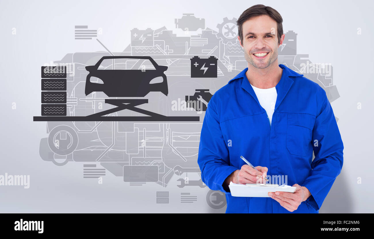 Composite image of confident of mechanic writing notes on clipboard ...