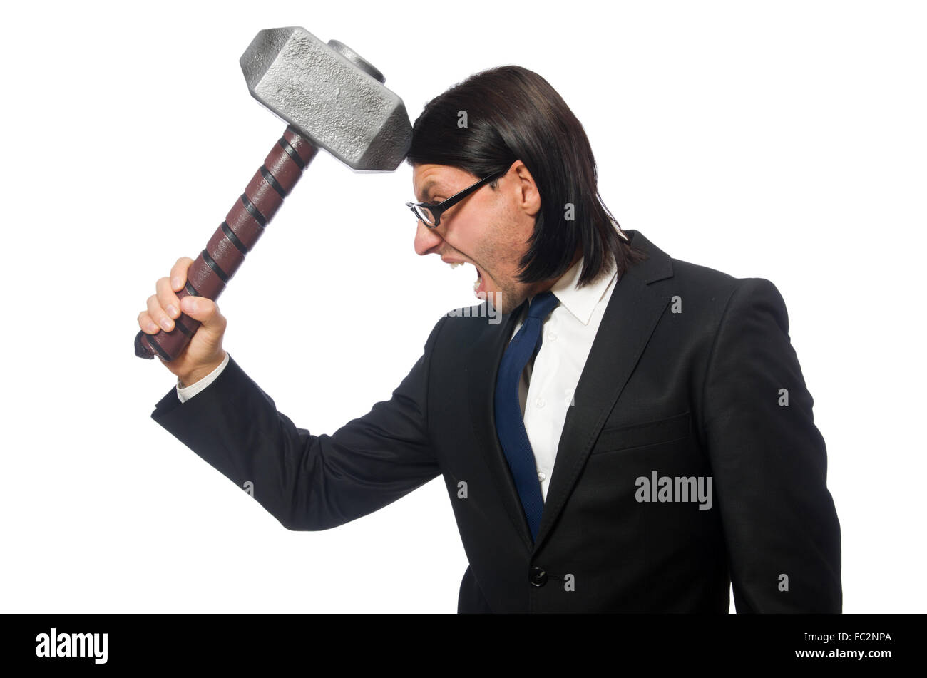 Handsome businessman holding hammer isolated on white Stock Photo - Alamy