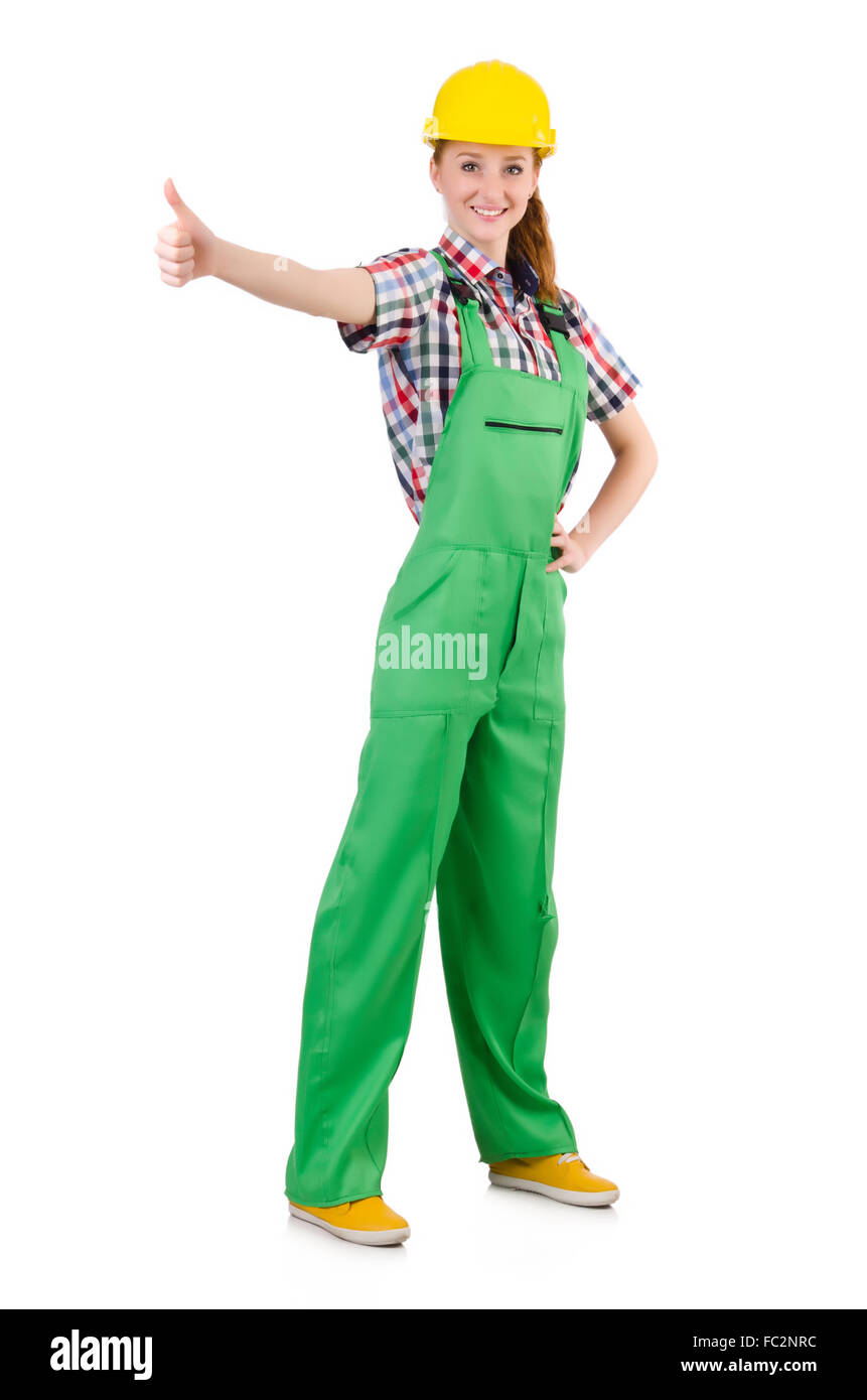 Female handyman in overalls isolated on white Stock Photo - Alamy