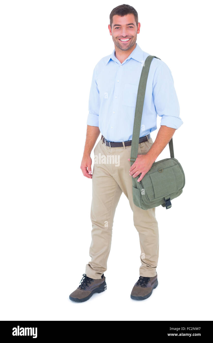 Portrait of postman with shoulder bag on white background Stock Photo ...