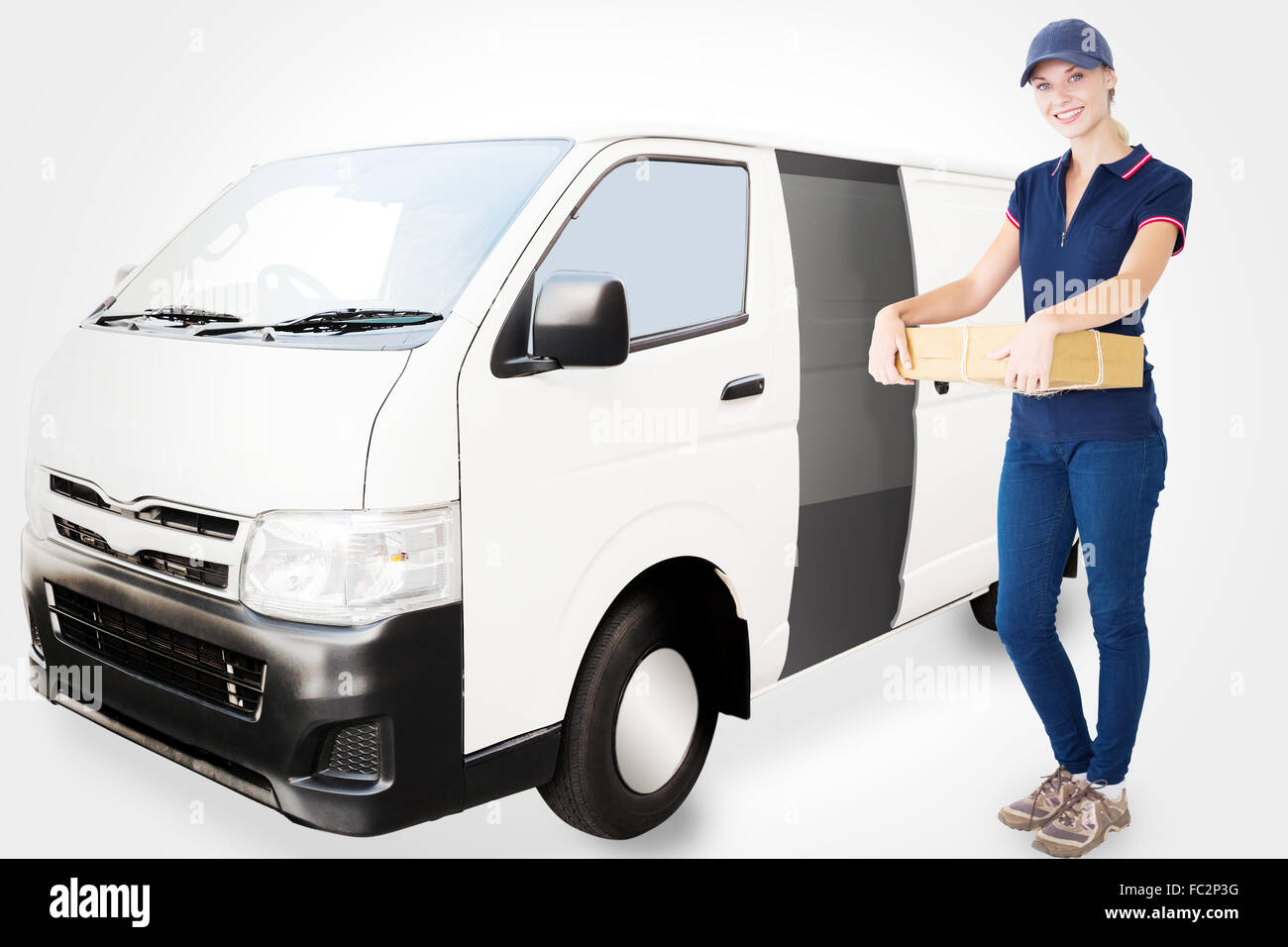 Composite image of happy delivery woman holding cardboard box Stock ...
