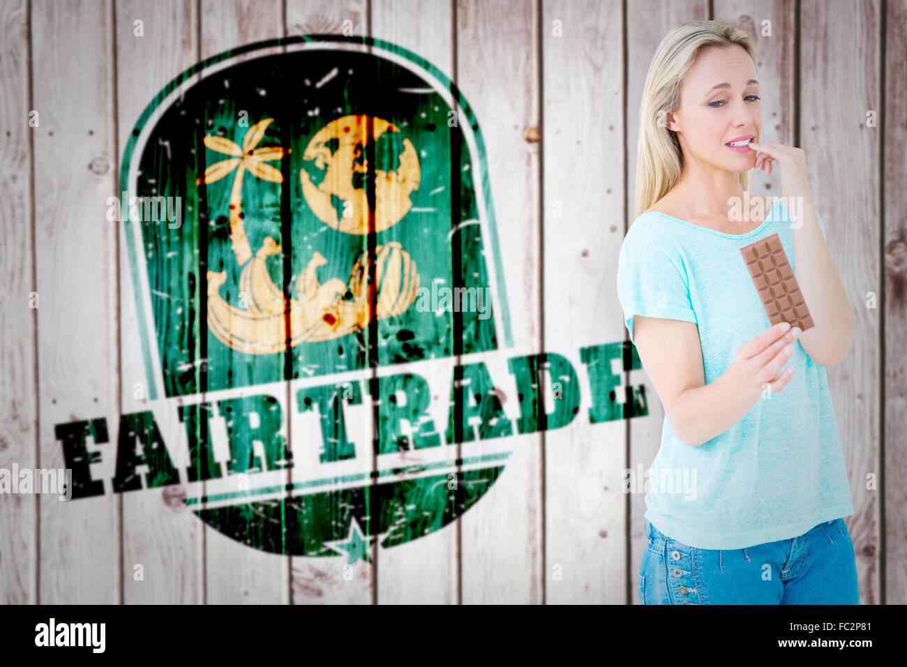 Composite image of pretty blonde feeling guilty to eat bar of chocolate ...