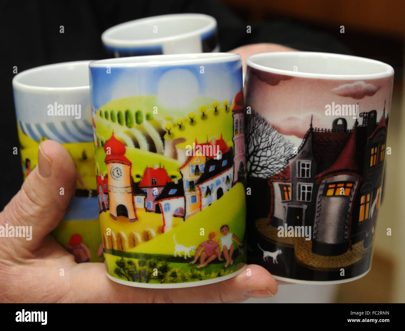 Dubi, Czech Republic. 20th Jan, 2016. Mugs with drawings of Sylva ...