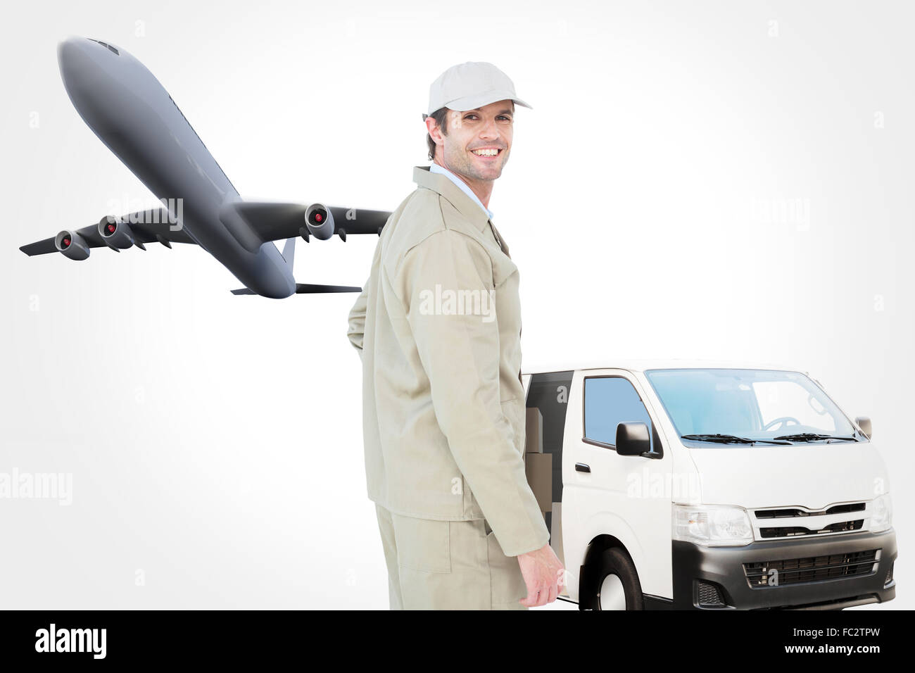 Composite image of side view portrait of happy delivery man Stock Photo ...