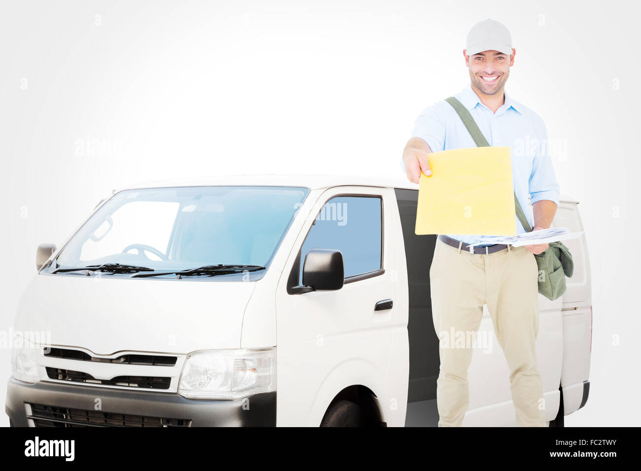 Composite image of postman delivering letter on white background Stock ...