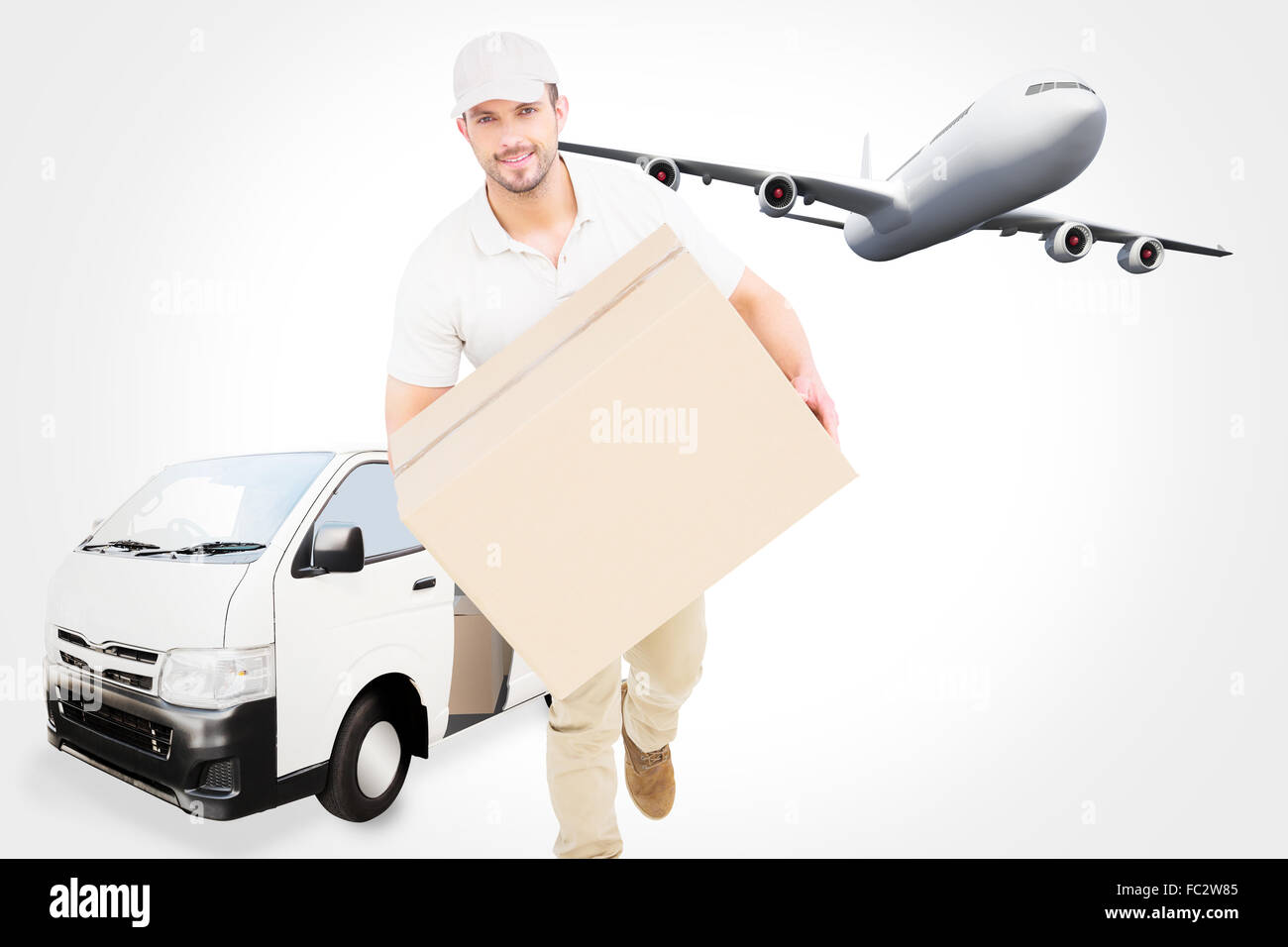 Composite image of delivery man with cardboard box running Stock Photo ...