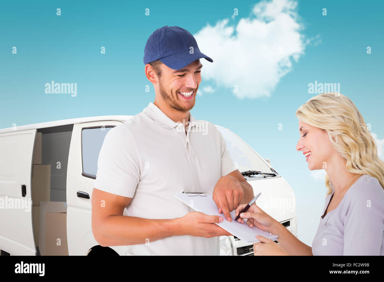 Composite image of happy delivery man getting signature from customer ...