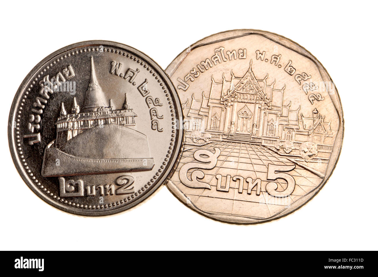 Thai 2 and 5 Baht coins showing chedis of the Temple of the Emerald ...