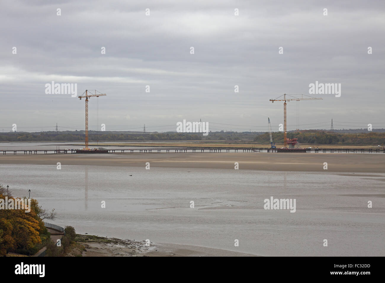 Wide view of the new Mersey Gateway Bridge over the River Mersey viewed ...