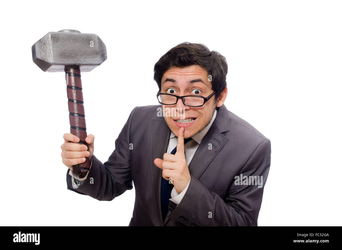 Business man holding hammer isolated on white Stock Photo - Alamy