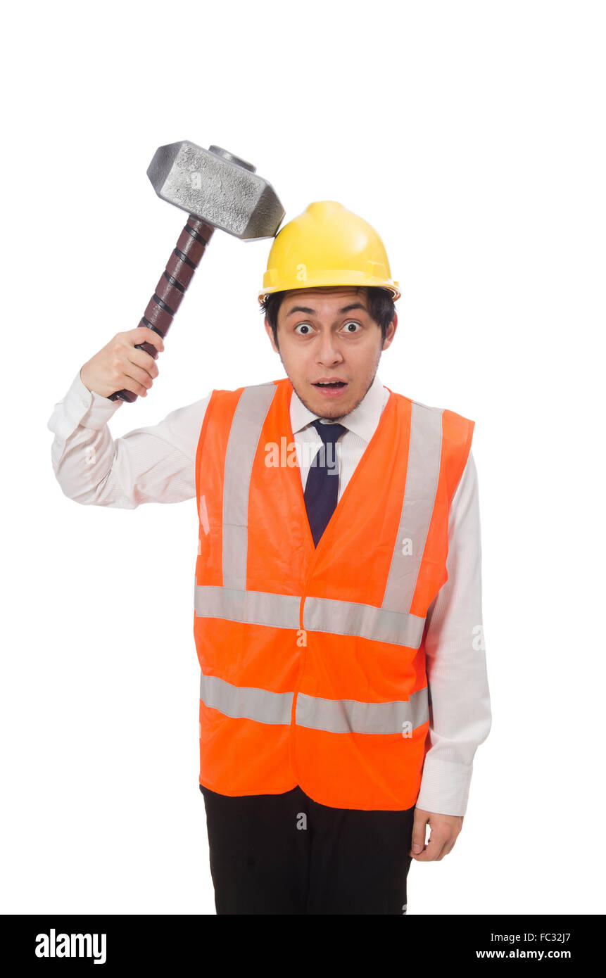 Construction worker with hammer isolated on white Stock Photo - Alamy