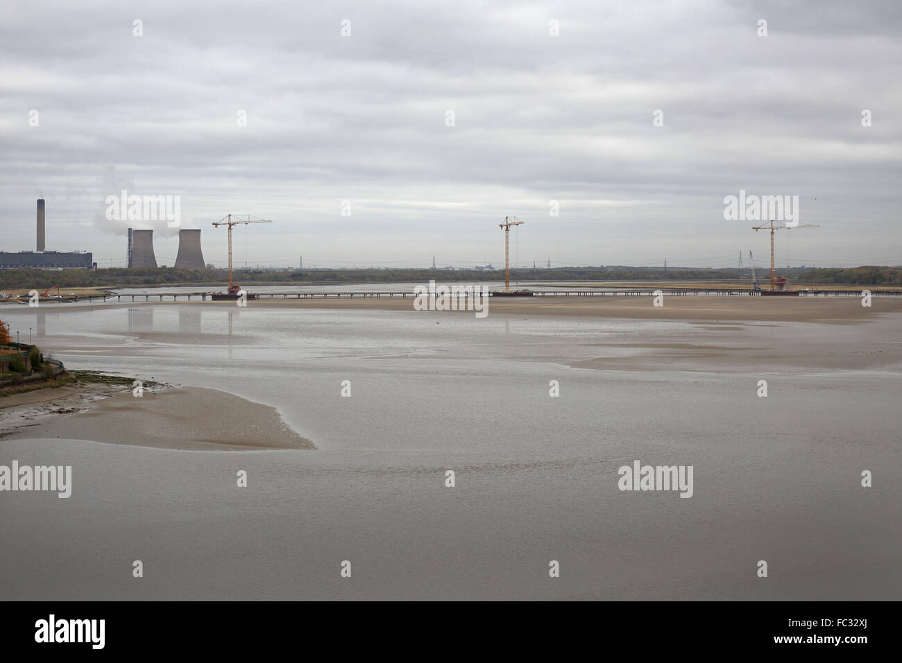 Wide view of the new Mersey Gateway Bridge over the River Mersey viewed ...