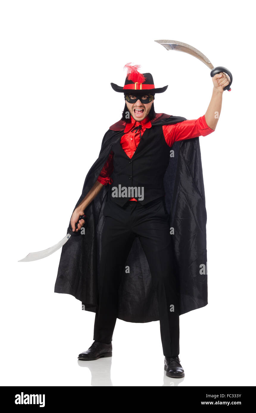 Young man in carnival coat with sword isolated on white Stock Photo - Alamy