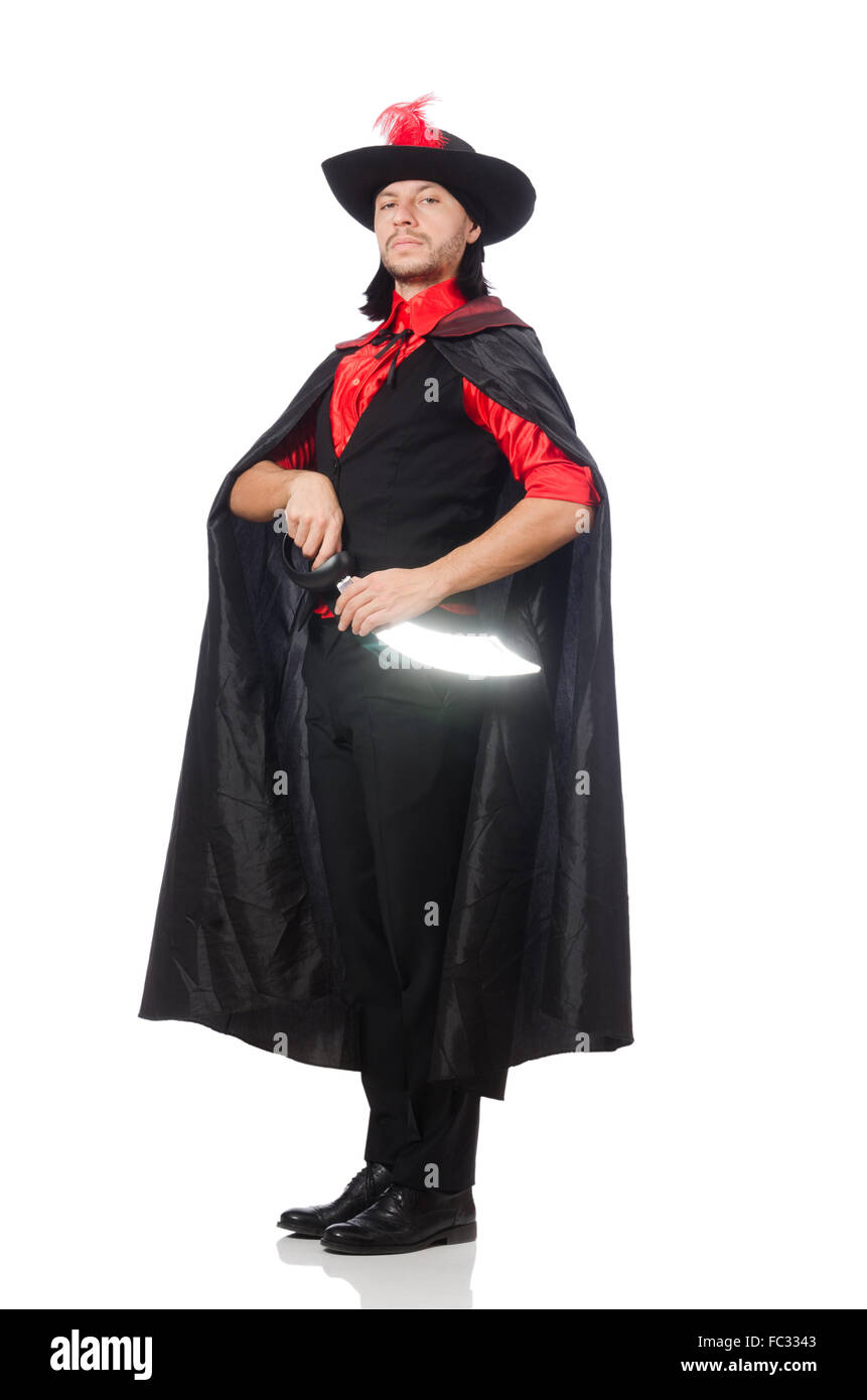 Young man in carnival coat with sword isolated on hi-res stock ...