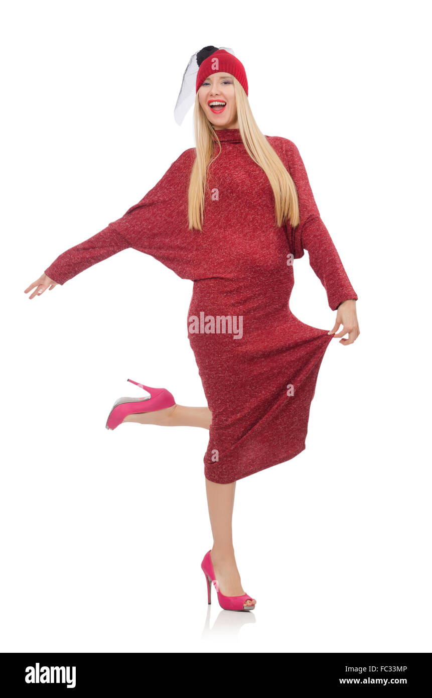 Pretty young woman in ruby dress isolated on white Stock Photo - Alamy