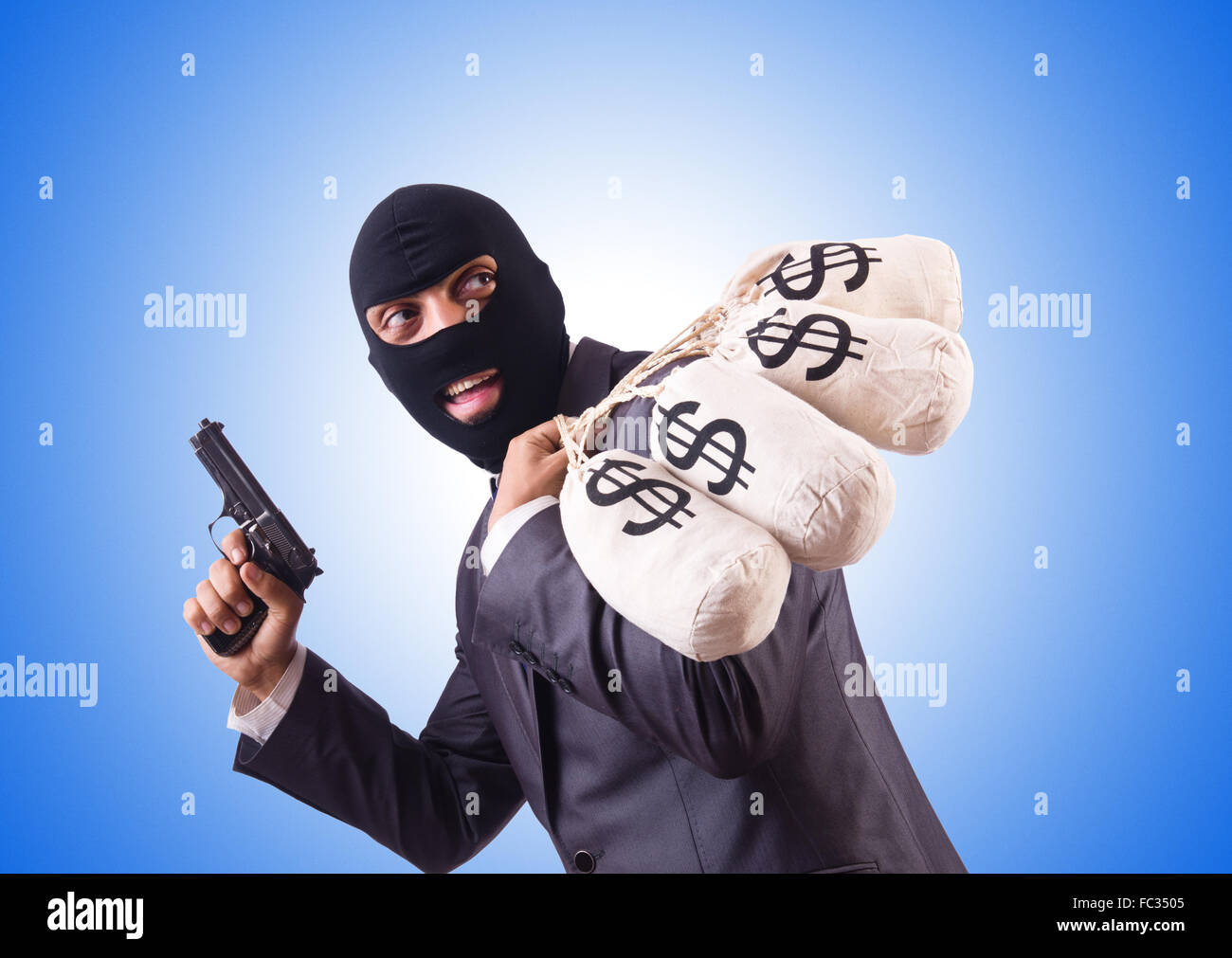 Gangster with bags of money on white Stock Photo - Alamy