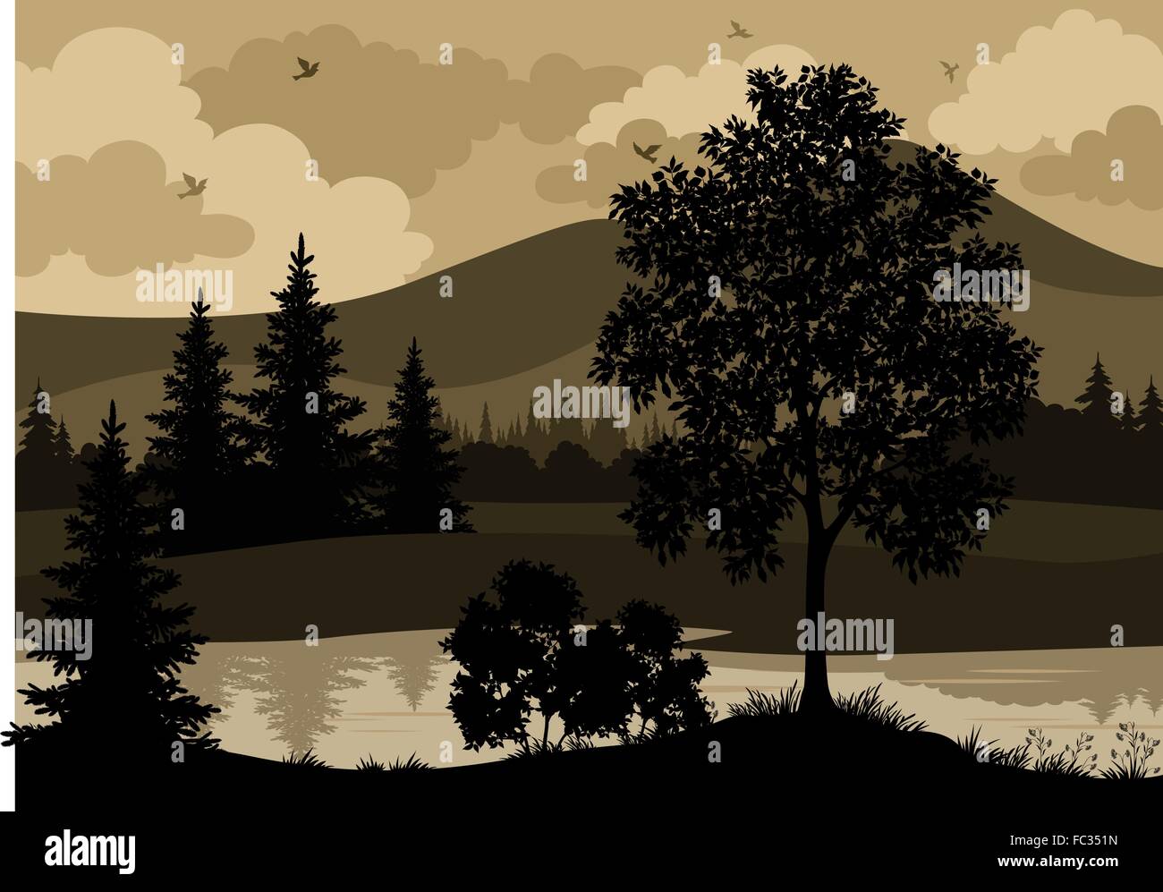 Landscape, Trees, Mountains and River Stock Vector Image & Art - Alamy