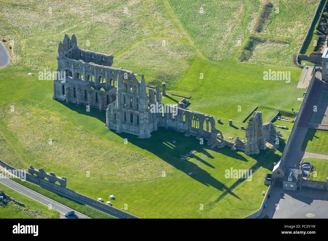 An aerial view of the ruined Whitby Abbey, North Yorkshire Stock Photo ...