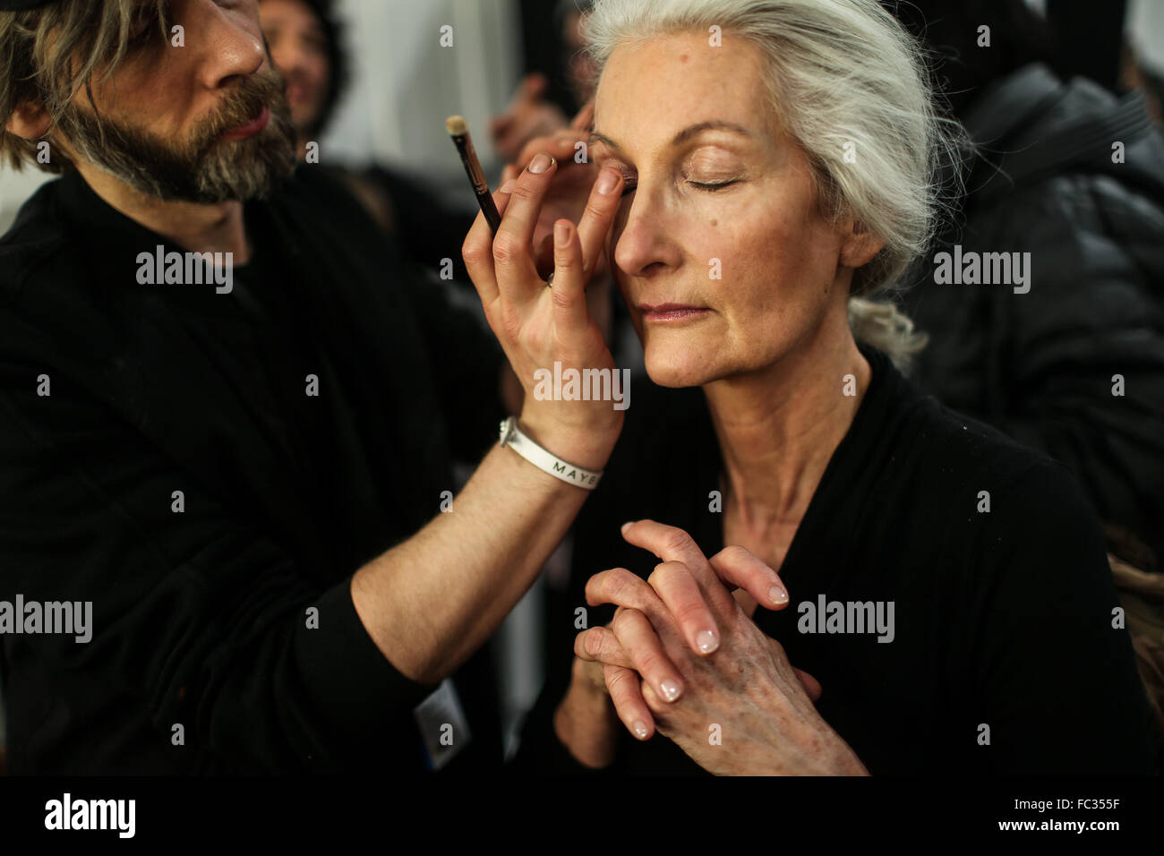 Berlin, Germany. 20th Jan, 2016. Model Catherine Loewe, 61, prepares ...
