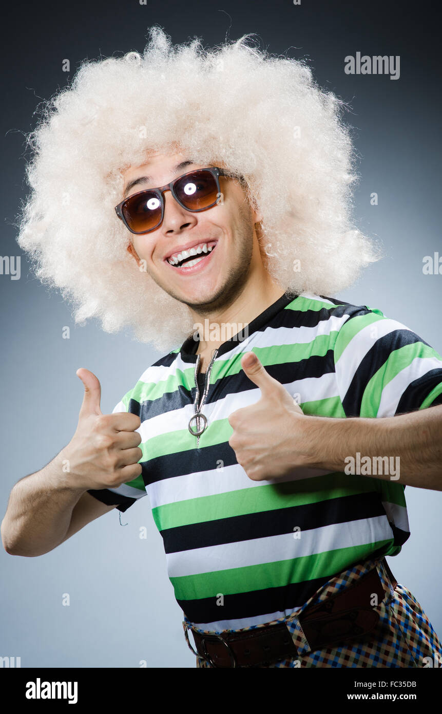 Funny man with afro hairstyle isolated on white Stock Photo - Alamy