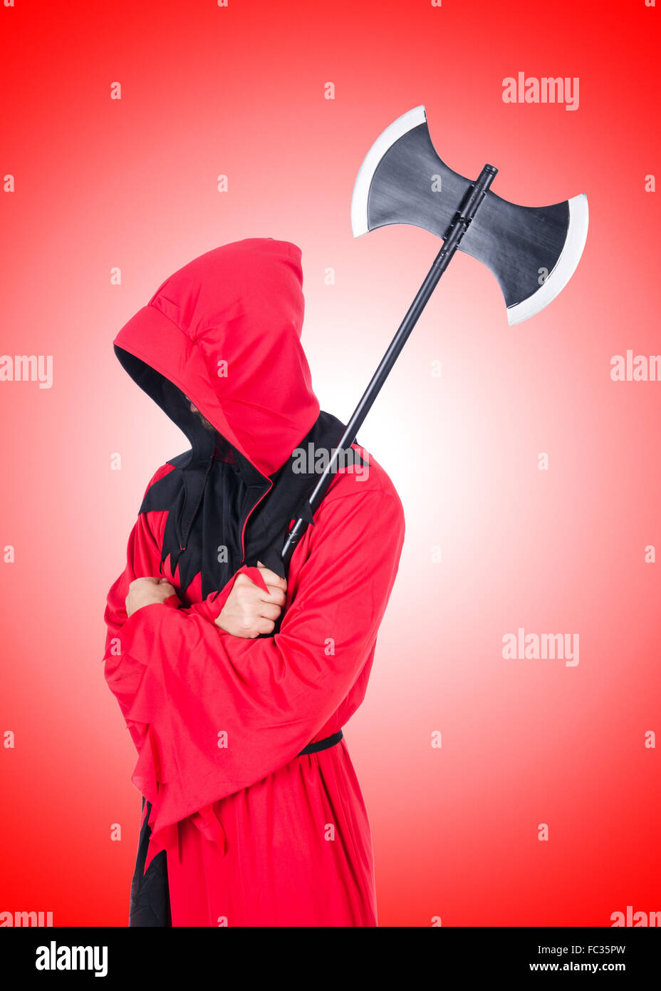 Executioner in red costume with axe on white Stock Photo - Alamy
