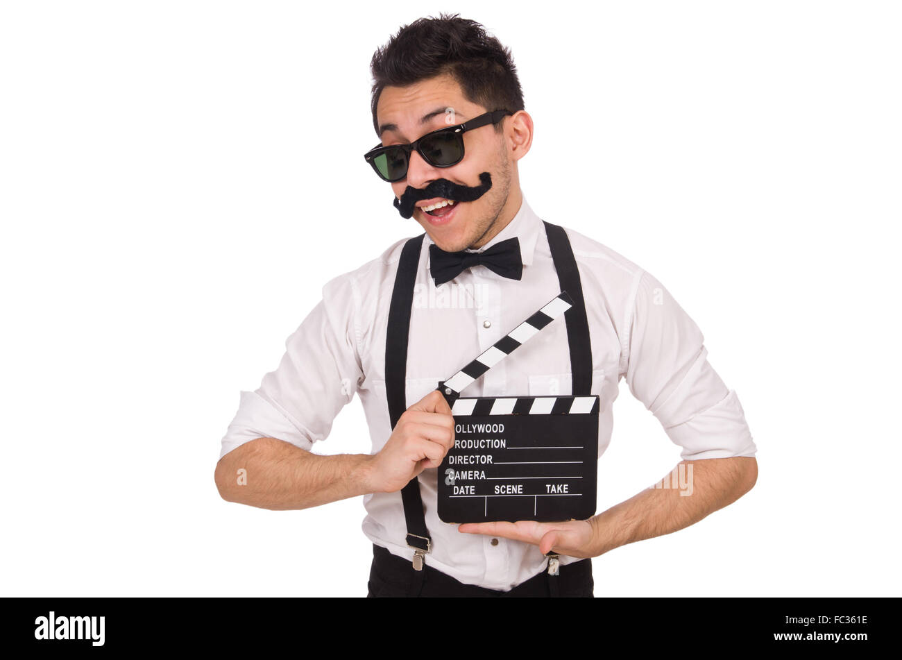 Whiskered young man with clapperboard isolated on white Stock Photo - Alamy