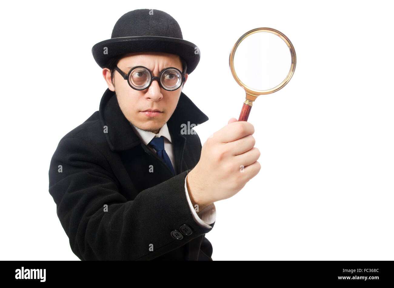 Detective with magnifying glass isolated on white Stock Photo - Alamy