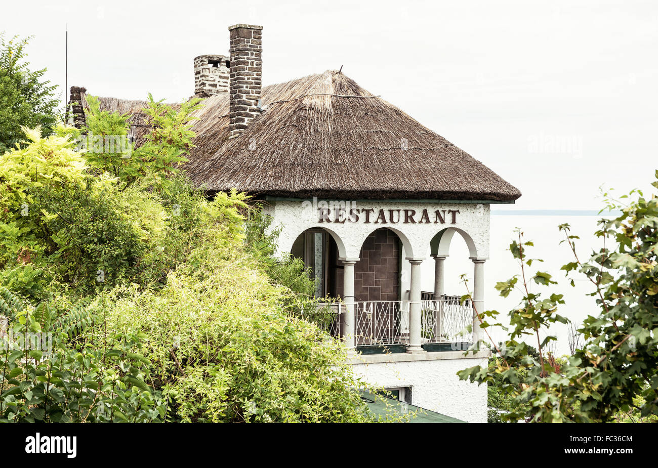 Stylish restaurant by the lake Balaton, Hungary, Europe. Architecture ...