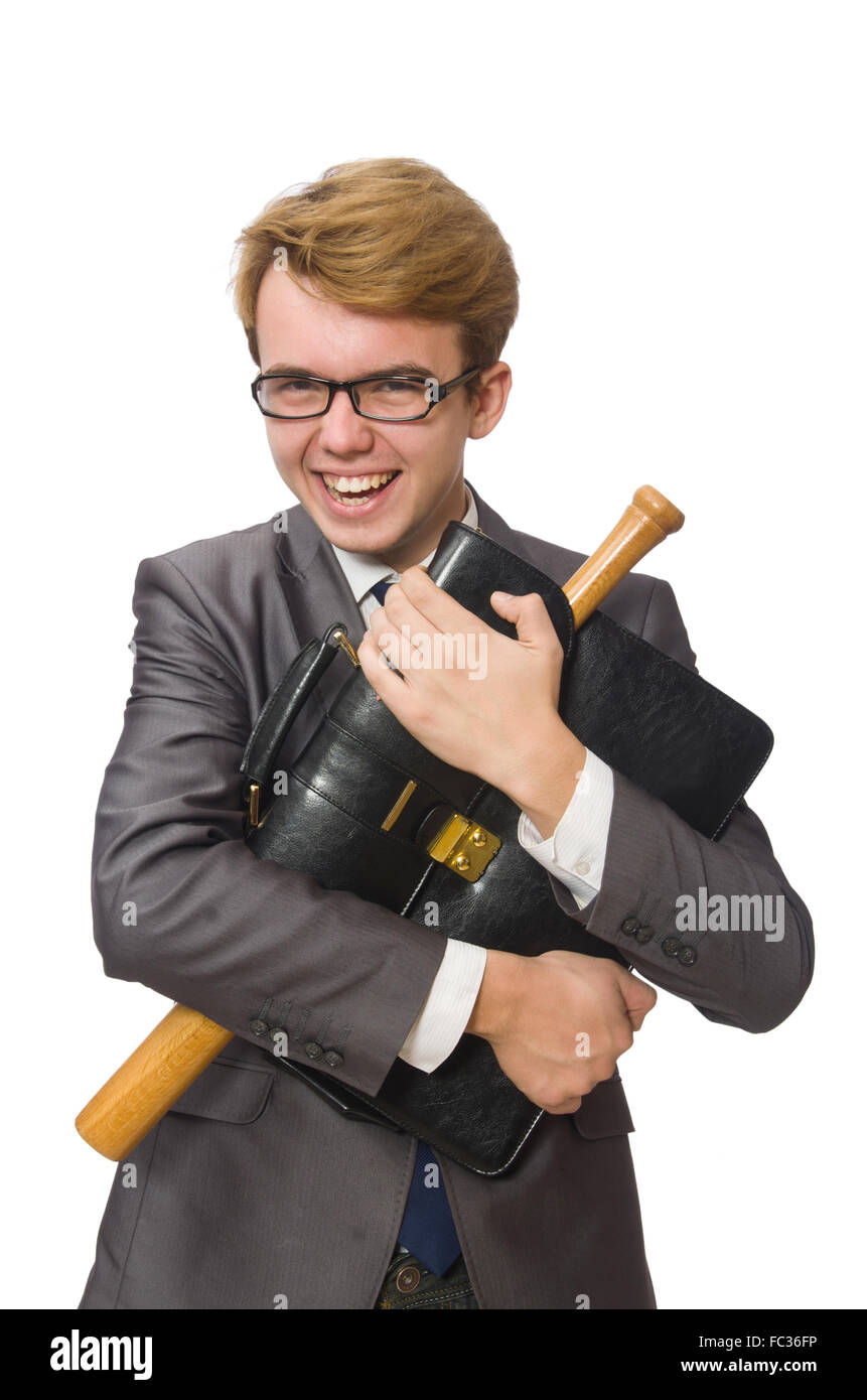 Young businessman with baseball bat isolated on white Stock Photo - Alamy