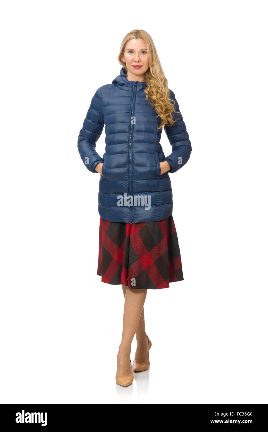 Pretty female model in blue jacket isolated on white Stock Photo - Alamy