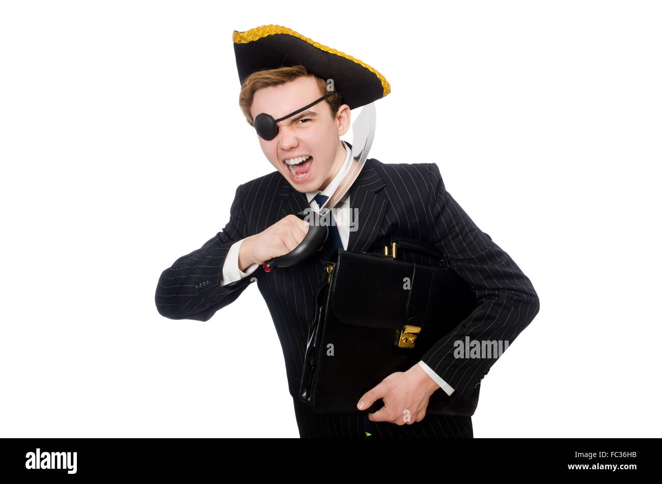 Young man in costume with pirate hat isolated on white Stock Photo - Alamy