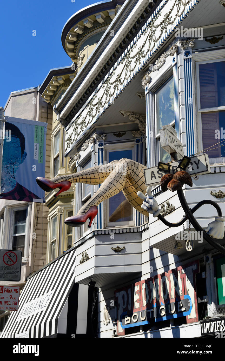 Giant legs leaning from window of gift store in Haight Ashbury district ...