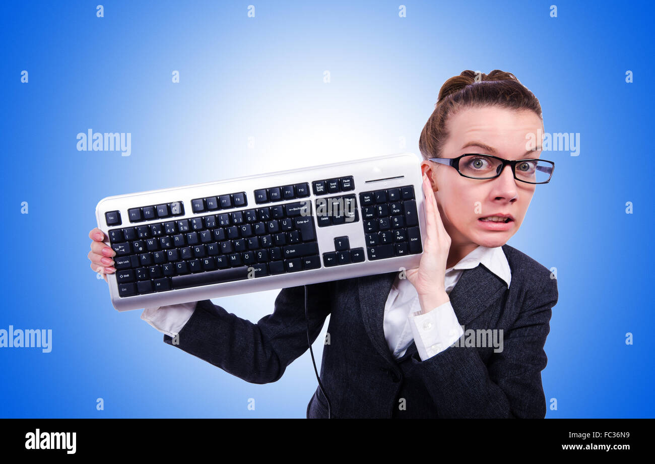 Nerd businessman with computer keyboard on white Stock Photo - Alamy